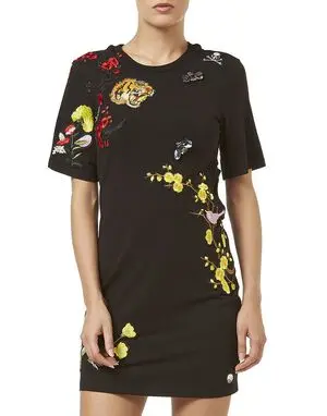 Philipp Plein Embroidered Tiger And Floral T-shirt Dress