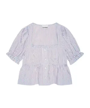 GANNI Candy Striped Puff Sleeve Blouse - Soft Chambray