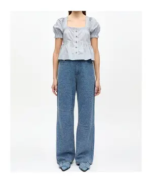 GANNI Candy Striped Puff Sleeve Blouse - Soft Chambray