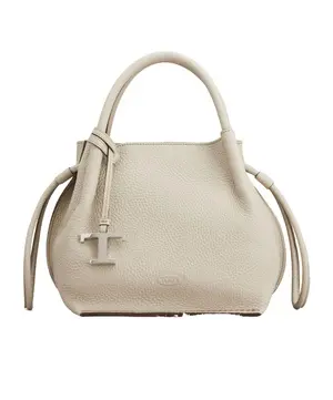 TOD'S Leather Bucket Bag With Detachable T Timeless Charm - Nude