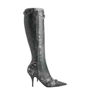 Balenciaga Pointed-toe Denim Boots With Studs And Buckles