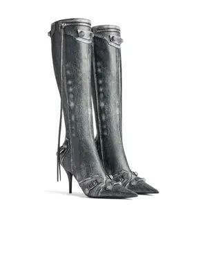 Balenciaga Pointed-toe Denim Boots With Studs And Buckles