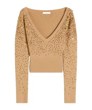 Max Mara Embellished V-neck Sweater - Camel