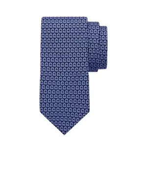 FERRAGAMO Gancini Print Silk Neck Tie - Blue