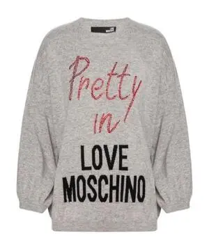 Moschino Crystal Embellished Logo Knit Pullover - Gray