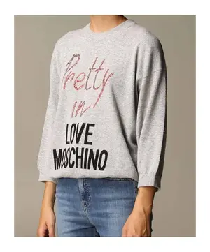 Moschino Crystal Embellished Logo Knit Pullover - Gray