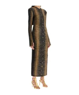 Norma Kamali Snake Print V-neck Long-sleeve Dress