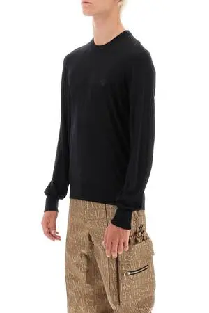 Versace Logo Embroidered Crewneck Knitted Jumper - Black