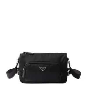 Prada Logo Plaque Zipped Messenger Bag - Black