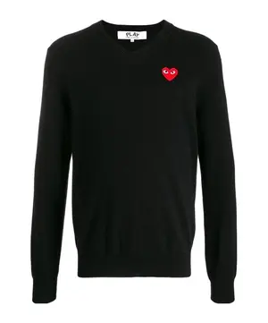 Play Comme Des Garcon Comme Des Garçons Play V-neck Wool Jumper With Heart Appliqu - Black