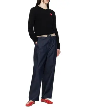 Play Comme Des Garcon Comme Des Garçons Play V-neck Wool Jumper With Heart Appliqu - Black