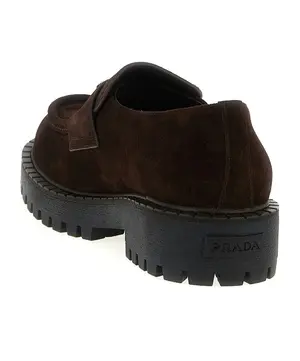 Prada Logo Plaque Round Toe Loafers - Brown