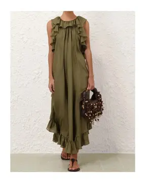 Zimmermann Cascadian Ruffle Midi Dress - Olive