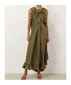 Zimmermann Cascadian Ruffle Midi Dress - Olive