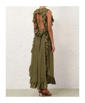 Zimmermann Cascadian Ruffle Midi Dress - Olive