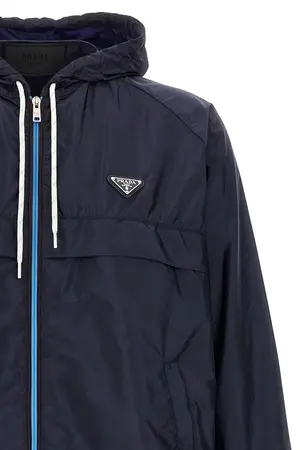 Prada Logo Plaque Zip-up Hooded Jacket