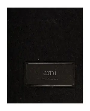 AMI Paris Logo Patch Fringed Edge Scarf - Black