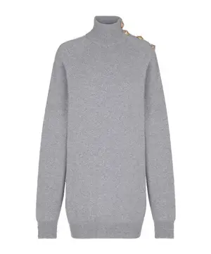 Balmain Turtleneck Knit Dress With Lion Head Buttons - Grey