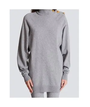 Balmain Turtleneck Knit Dress With Lion Head Buttons - Grey