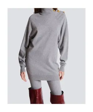 Balmain Turtleneck Knit Dress With Lion Head Buttons - Grey