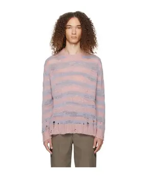 Acne Studios Long Sleeve Striped Distressed Knit Sweater