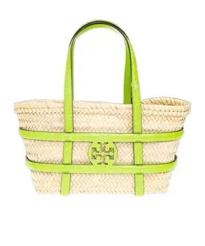 Tory Burch Small Ella Straw Basket Bag With Croc Effect Trim