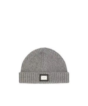 Dolce & Gabbana Ribbed Logo Plaque Beanie Hat - Gray