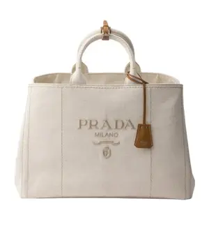 Prada Logo-embroidered Canvas Top Handle Bag - Natural