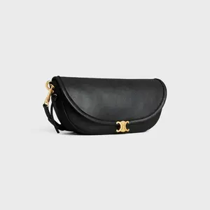 Celine Little Halfmoon Soft Triomphe Bag In Shiny Lambskin - Black