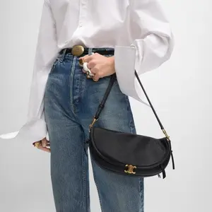 Celine Little Halfmoon Soft Triomphe Bag In Shiny Lambskin - Black