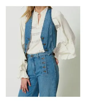 TWINSET Fitted Denim Waistcoat With Metal Button Detail