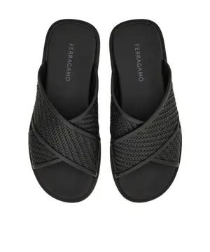 FERRAGAMO Gancini Woven Leather Sandals - Black