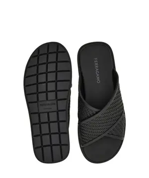FERRAGAMO Gancini Woven Leather Sandals - Black