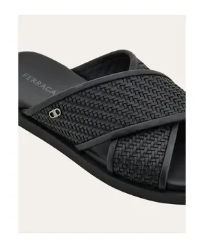 FERRAGAMO Gancini Woven Leather Sandals - Black