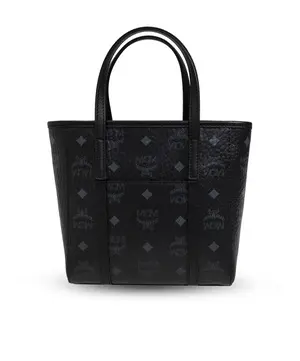 Mcm Monogrammed Logo Plaque Tote Bag - Black