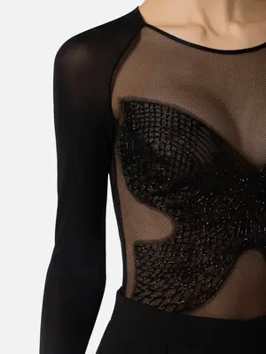 Elisabetta Franchi Long Sleeve Tulle Jersey Bodysuit