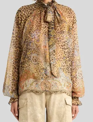 Etro Printed Silk Blouse With Ruffled Neckline - Nude