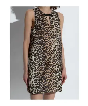 GANNI Leopard Print V-neck Sleeveless Bow Dress