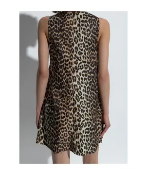 GANNI Leopard Print V-neck Sleeveless Bow Dress