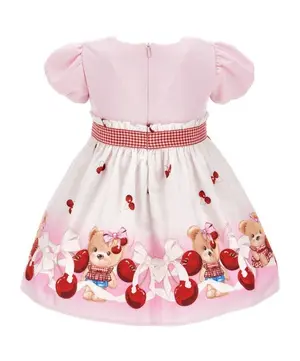 Monnalisa Teddy Bear And Cherry Print Flared Dress