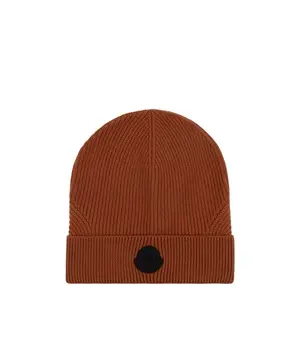 Moncler Moncler Ribbed Logo-Patch Beanie Brown