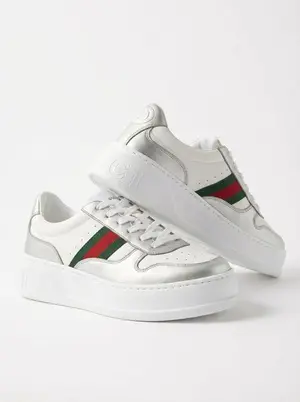 Gucci White And Platform Sneakers With Web Tri-band Detail