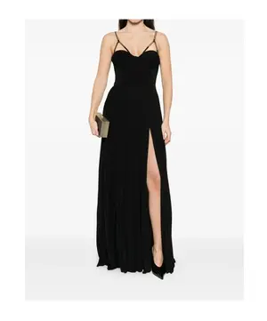 Elisabetta Franchi Pleated Maxi Dress With Belt - Black