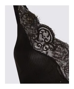 Saint Laurent Ribbed Lace Trim V-neck Tank Top - Ebony