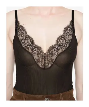 Saint Laurent Ribbed Lace Trim V-neck Tank Top - Ebony