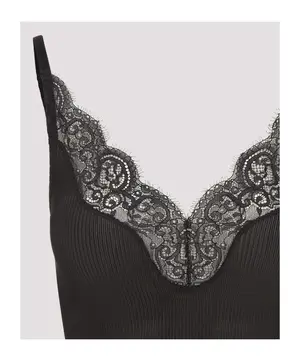 Saint Laurent Ribbed Lace Trim V-neck Tank Top - Ebony