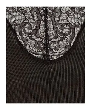 Saint Laurent Ribbed Lace Trim V-neck Tank Top - Ebony