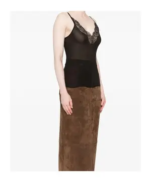Saint Laurent Ribbed Lace Trim V-neck Tank Top - Ebony