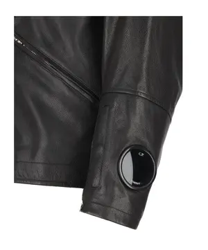 C.P. COMPANY Leather Mille Jacket With Integrated Hood - Black