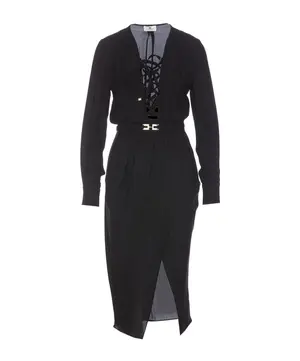 Elisabetta Franchi Georgette Lace Detailed Belted Dress - Black